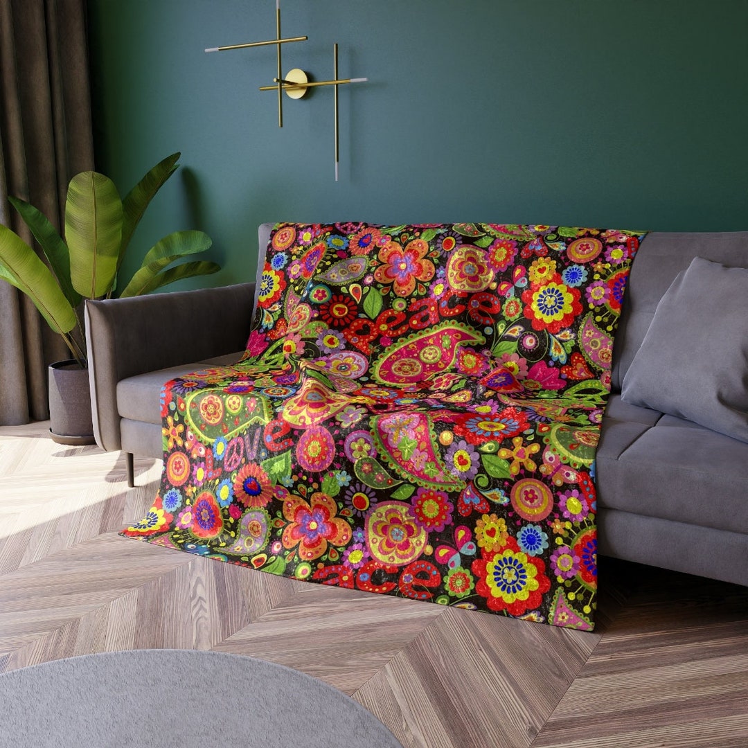 Boho Crushed Velvet Sherpa Blanket, Colorful Peace and Love Throw ...
