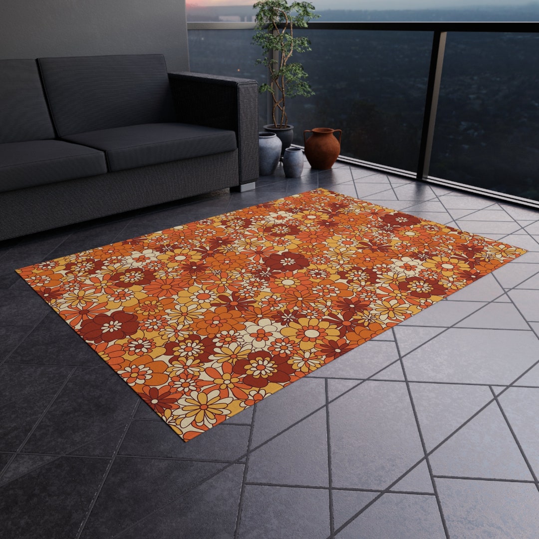 Retro Daisy Outdoor/indoor Chenille Rug, Orange, Yellow, Brown, Floral ...