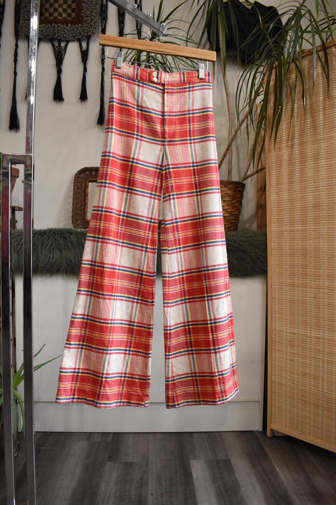 60s 70s Rainbow Plaid & Confetti Wide Leg Flares Slacks // Bright ...