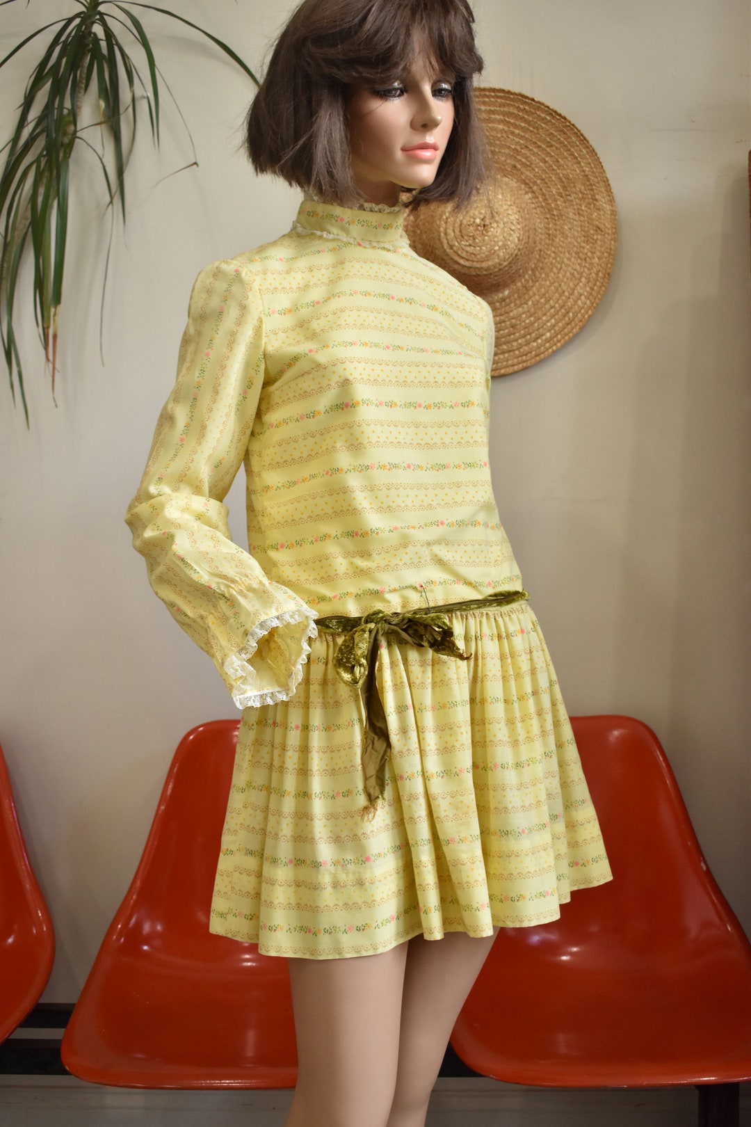 Vintage 1970s Calico Ruffle Cuff Drop Waist Tunic Blouse or Minidress ...