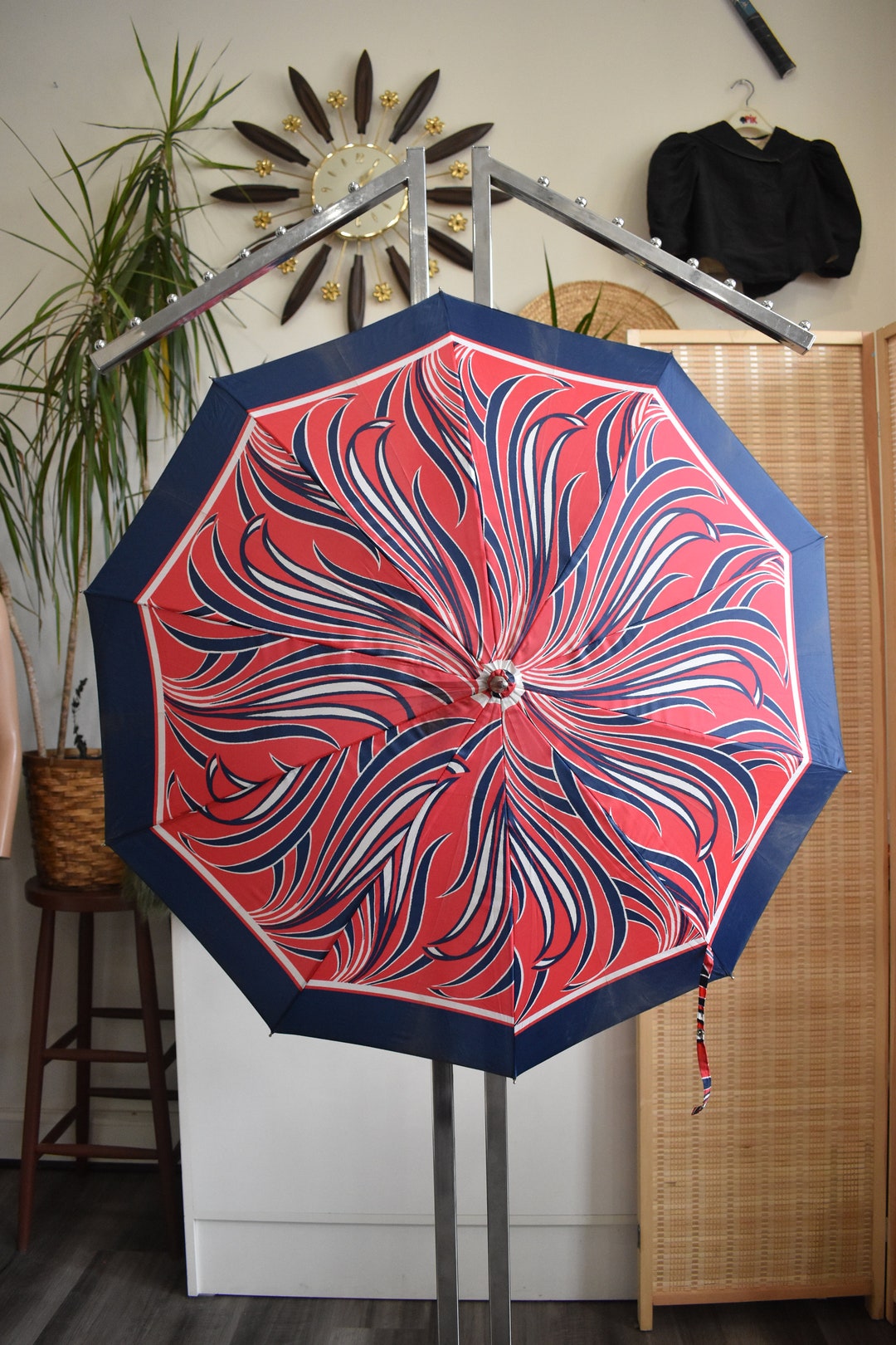 50s 60s Polan & Katz Mcm Trippy Atomic Feather Swirl Print Umbrella ...
