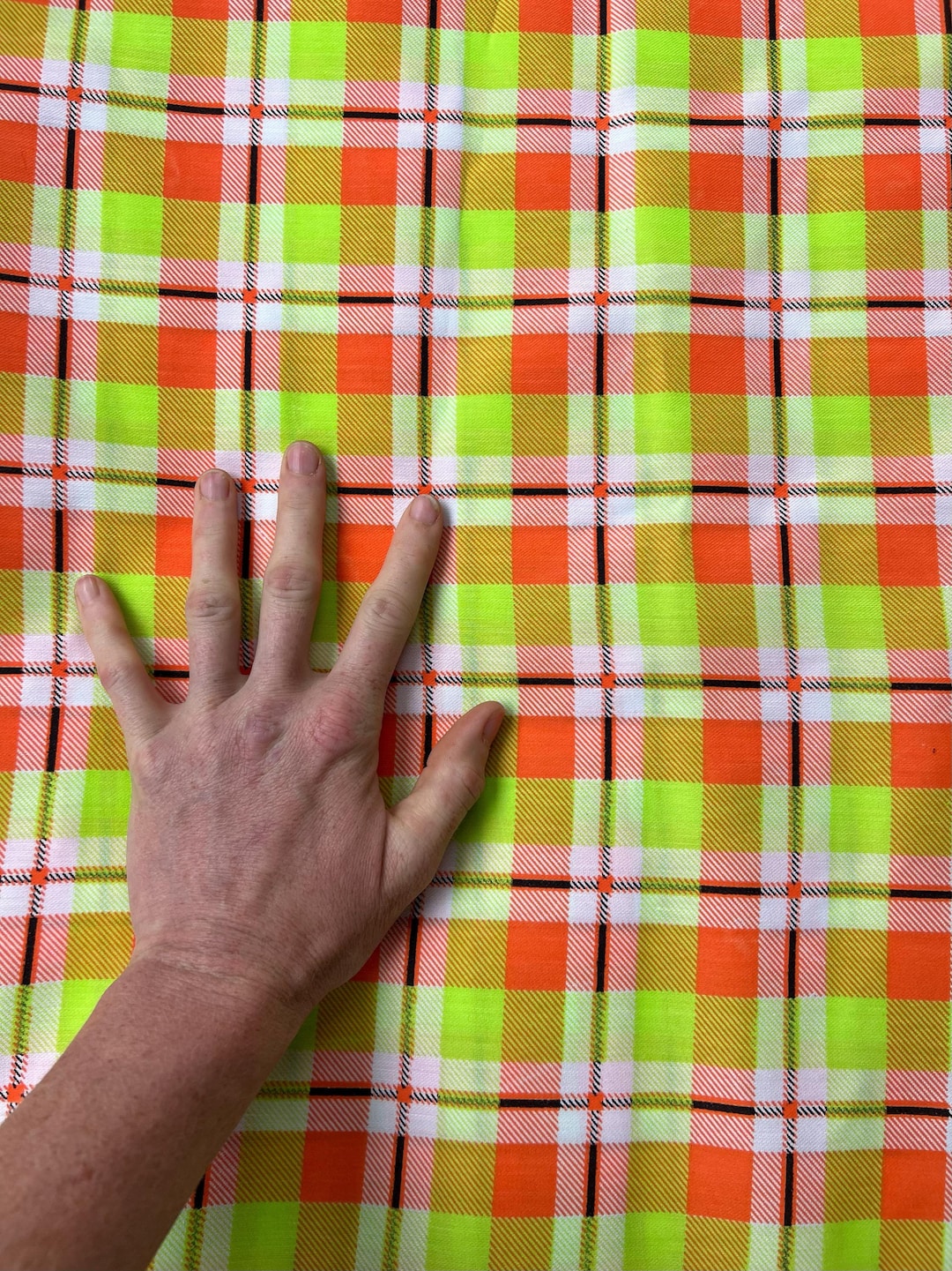 60s Neon Green & Orange Plaid Tartan Sewing Fabric // Mod Retro Preppy ...