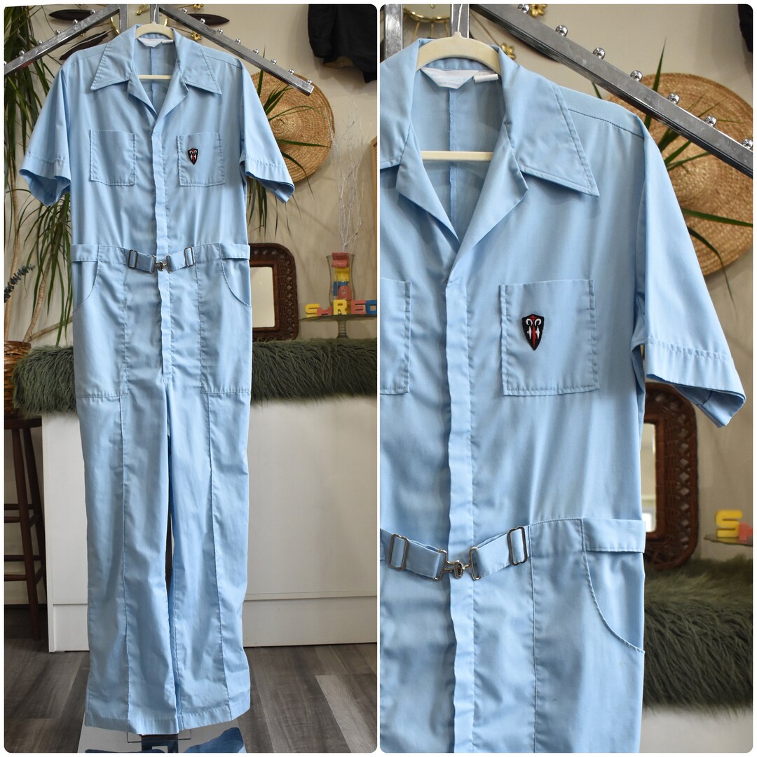 70s Baby Blue Workwear Coveralls Jumpsuit // Short Sleeve Boot Cut ...