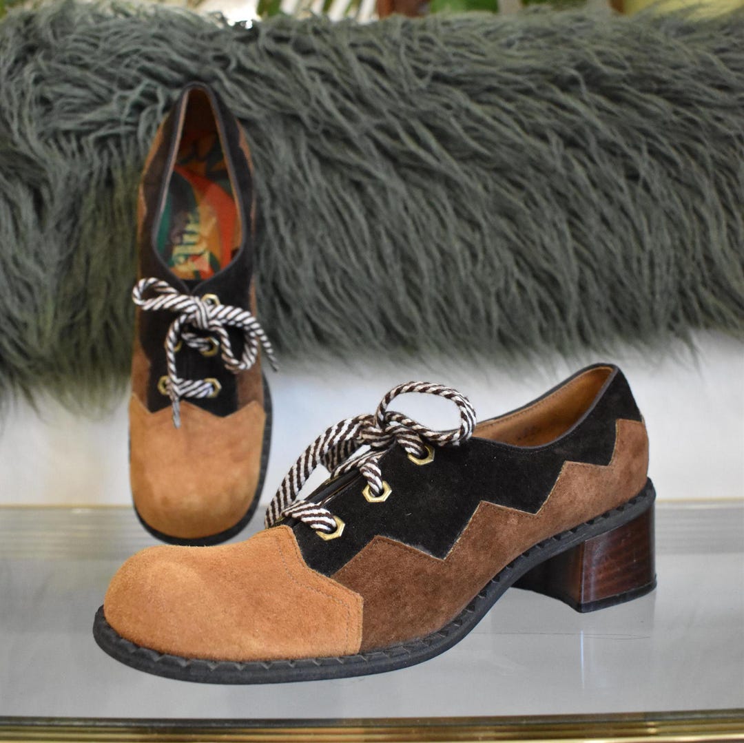 60s 70s Mod Patchwork Chunky Heel Lace up Platform Oxford Shoes ...