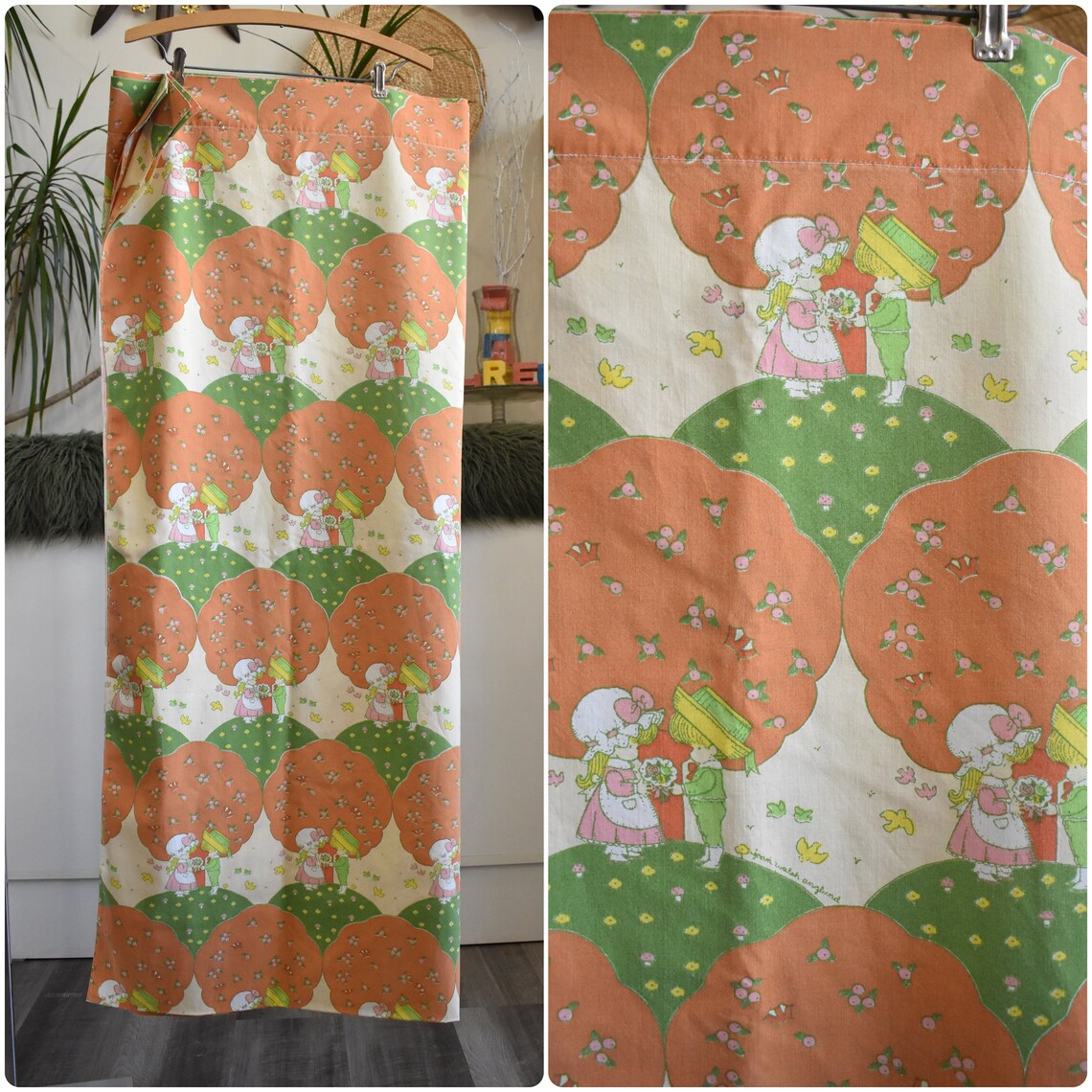 Early 70s Holly Hobbie Retro AOP Flat Sheet // Trees Mushroom Fruit ...