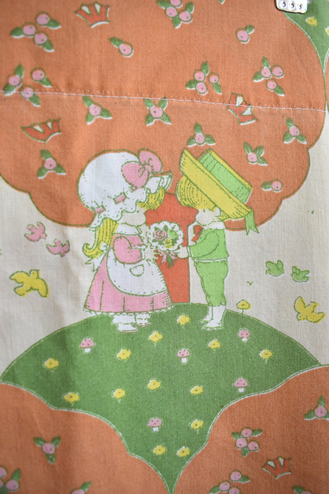 Early 70s Holly Hobbie Retro AOP Flat Sheet // Trees Mushroom Fruit ...