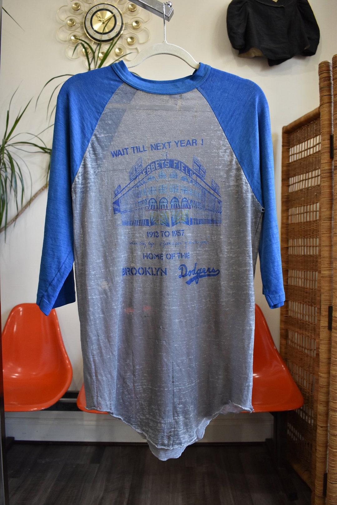 70s Shredded Threadbare Dodgers Ebbet's Field Baseball Raglan 3/4 ...