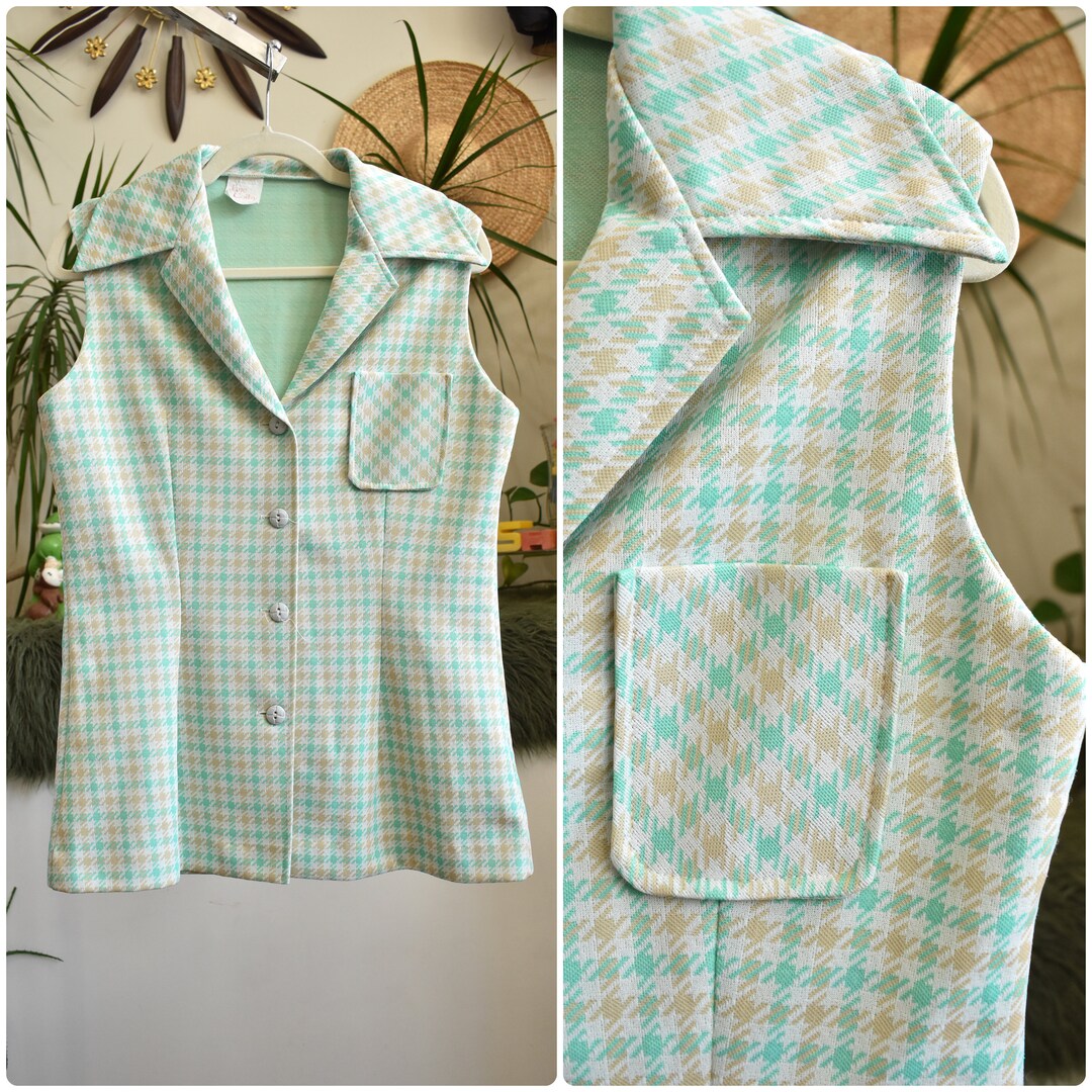 60s 70s Mod Houndstooth Retro Collar Tank Top Blouse // Bright Seafoam ...