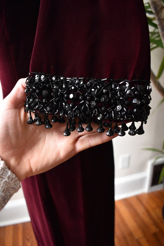 Vintage 1960s Red Velvet Fringe Bead Cuffs Boat Neck … - Gem