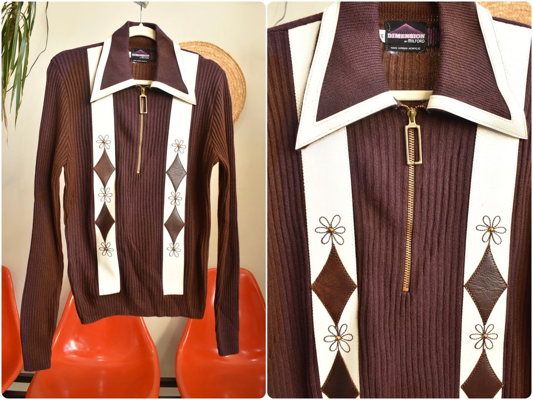 1960s NOS Rib Knit Half Zip Henley Mod Atomic Pleather Applique ...