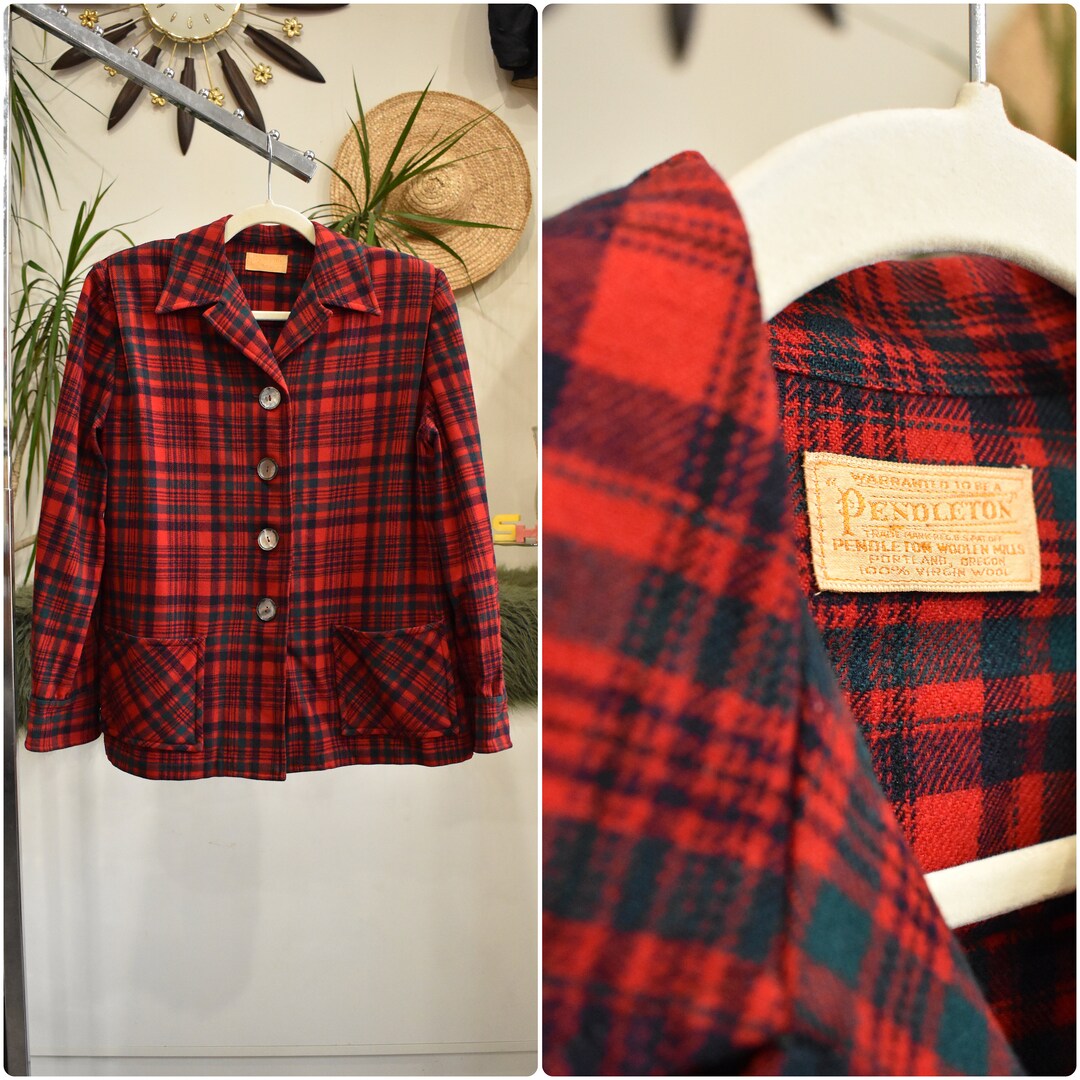 40s 50s Pendleton 49er Jacket Red Plaid Wool // Womens Midcentury Field Coat Barn or Car Jacket ...