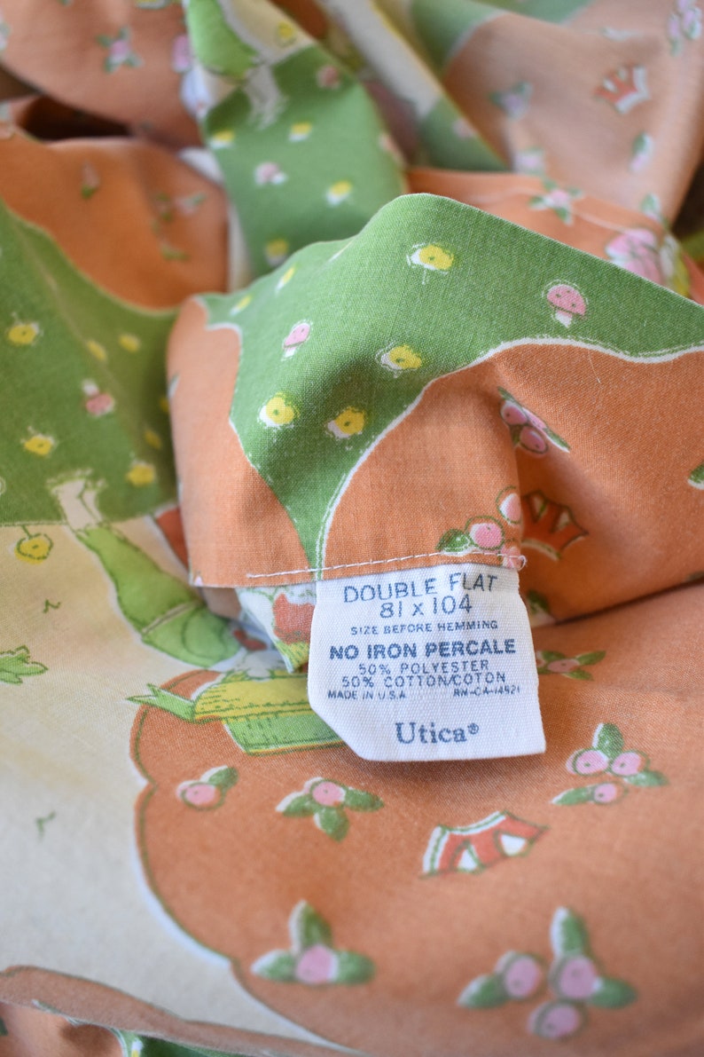 Early 70s Holly Hobbie Retro AOP Flat Sheet // Trees Mushroom Fruit ...