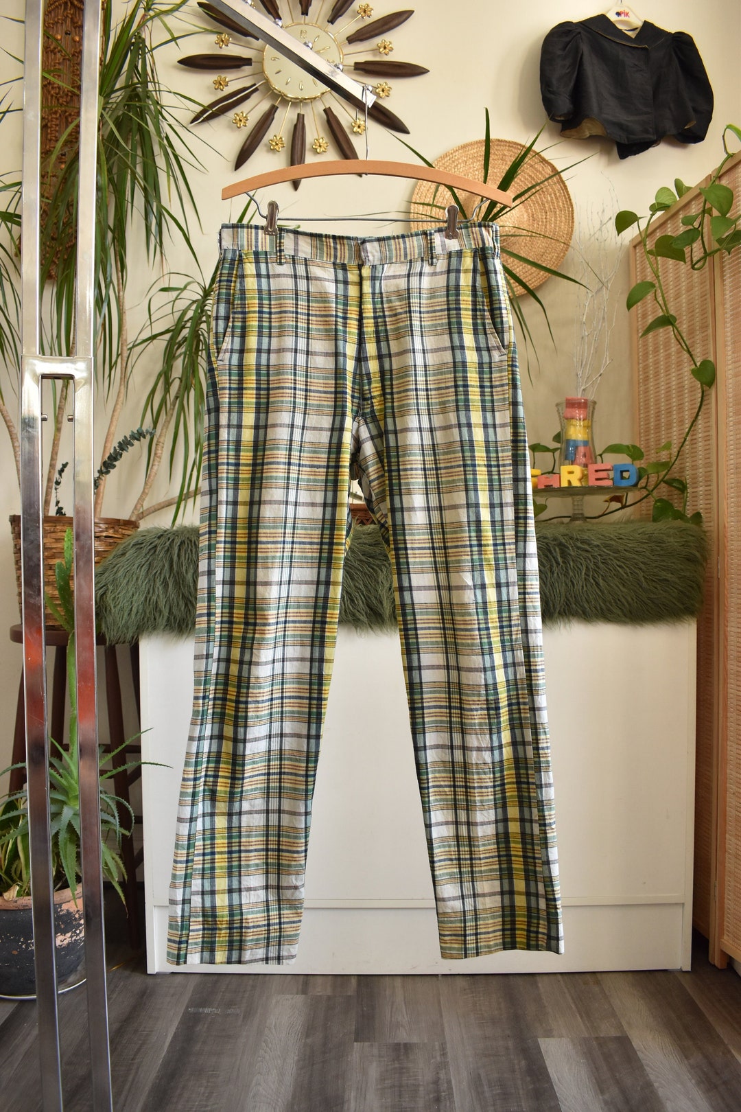 60s Bleeding Madras Cotton Plaid Straight Leg Gauzy Pants // Mod 1960s ...