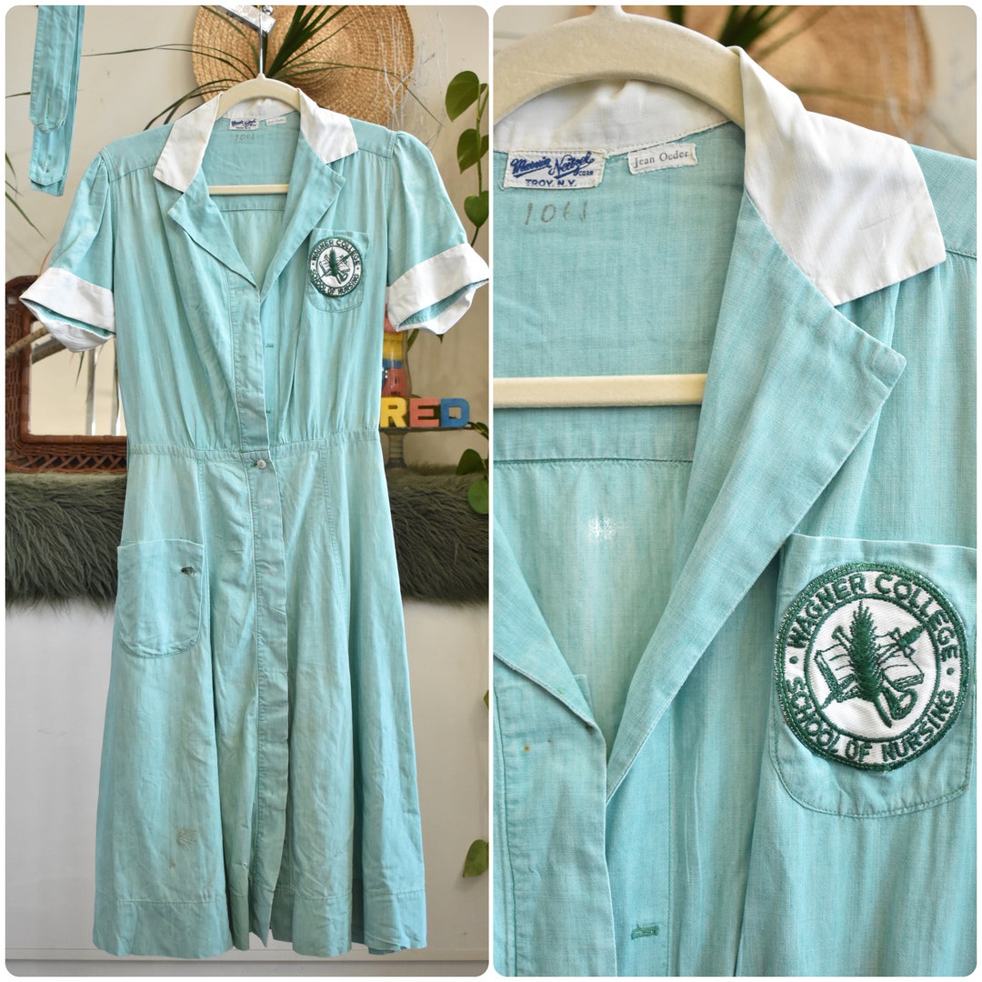 20s 30s Nursing School Uniform Dress // Seafoam Green and White A Line ...