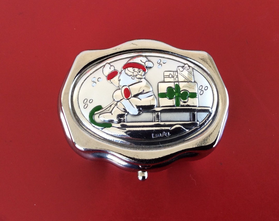 Vintage Christmas Pill Box, Santa Claus Pill Box, Metallic Pill Box ...