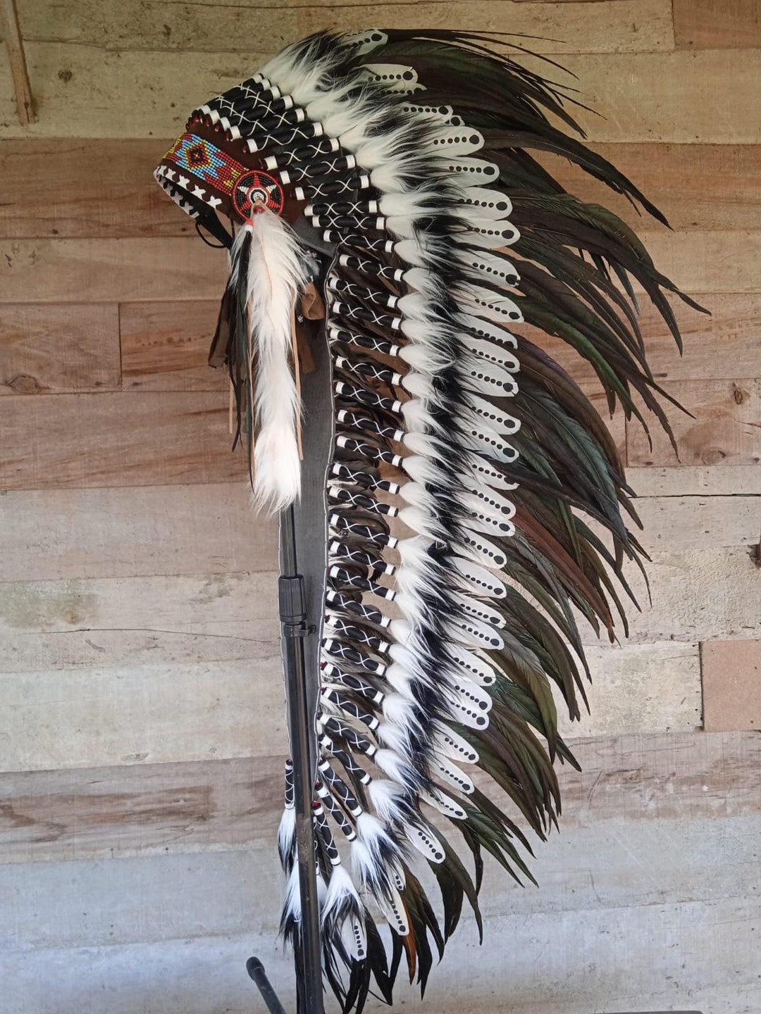 Custom Order Double Feathers Black White Indian Headdress Replica ...