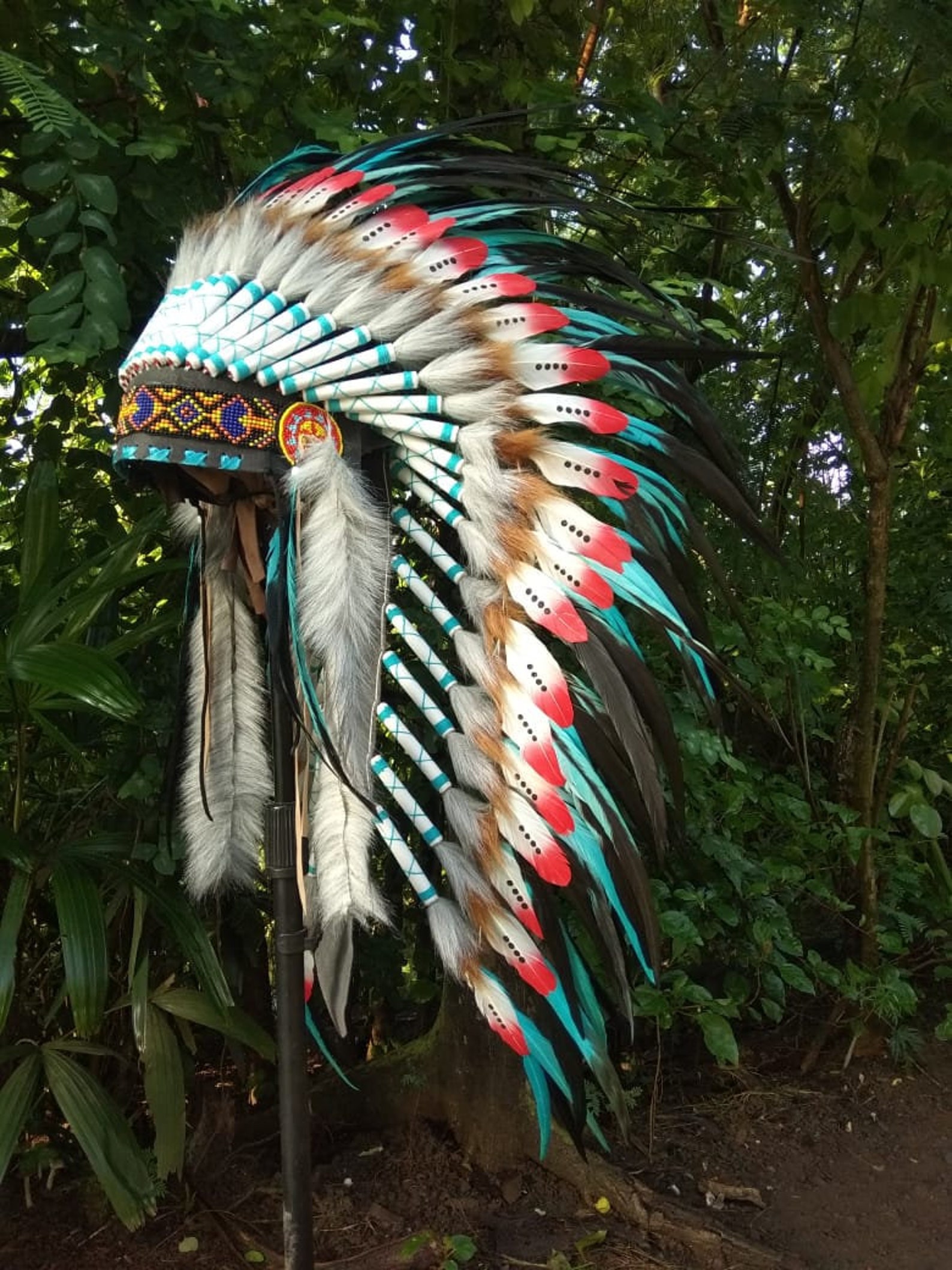 Custom Made Medium Length Indian Headdress Replica Made With Double Feathers Inspired by Native ...