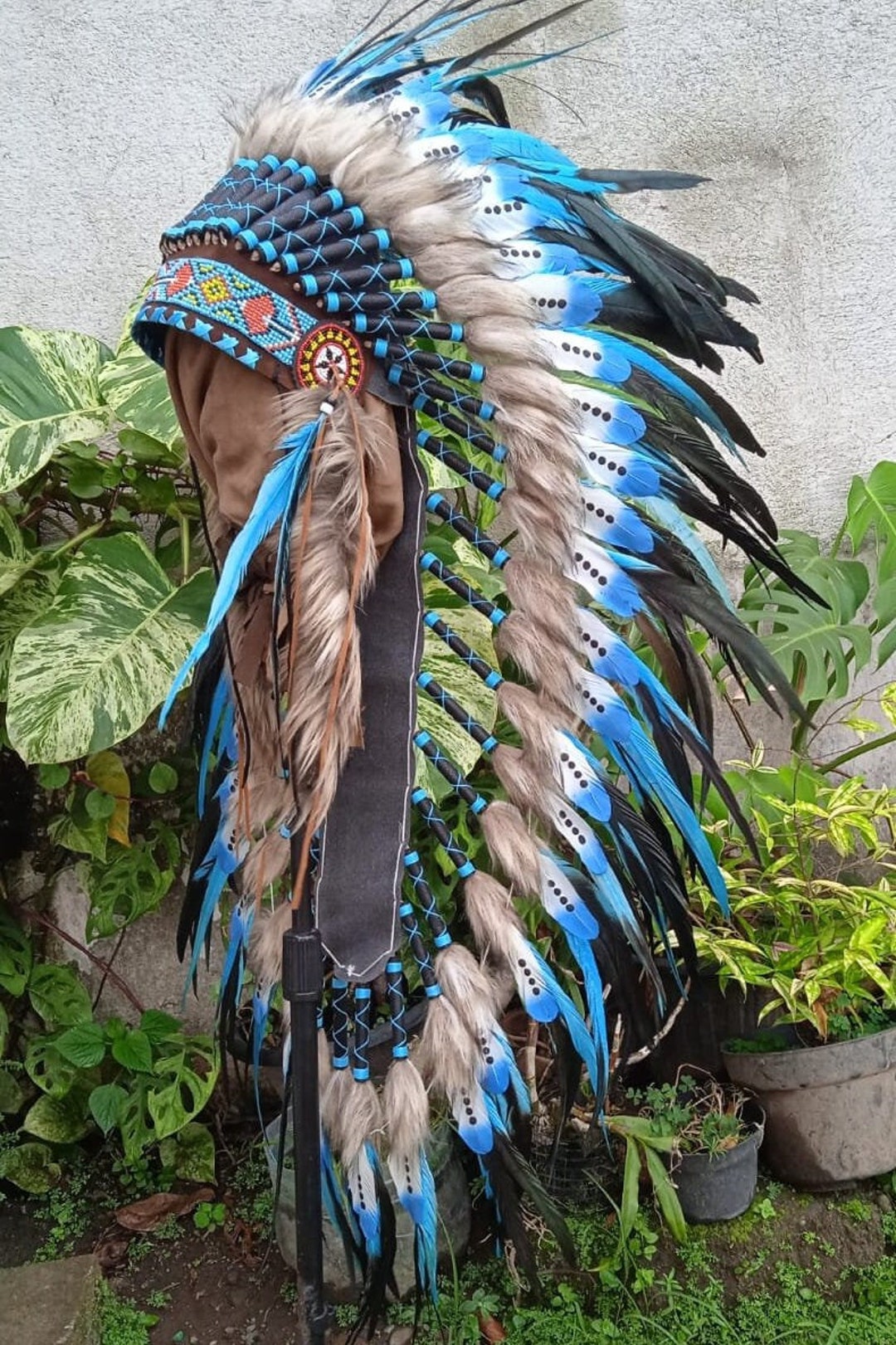 Custom Order Indian Headdress Replica With Double Feathers, Medium Length Indian Headdress Style ...