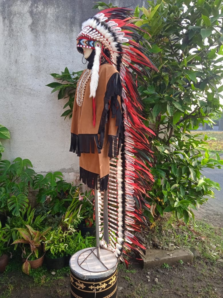 Extra Long Length Indian Headdress Replica With Double Feathers, Native American Costume ...