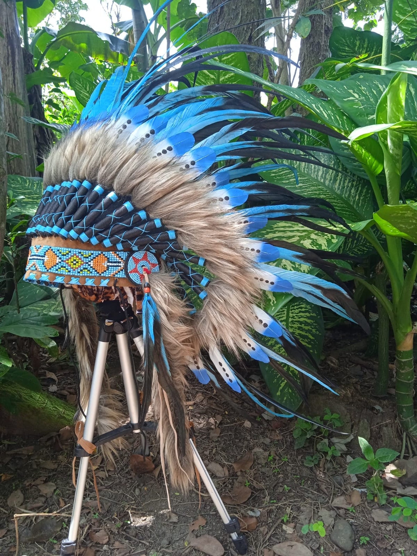 Custom Headdress, Blue Indian Headdress Replica With Double Feathers ...