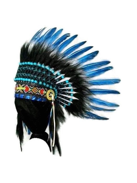 Child Indian Headdress Replica Made With Blue Painted Real Feathers - Etsy
