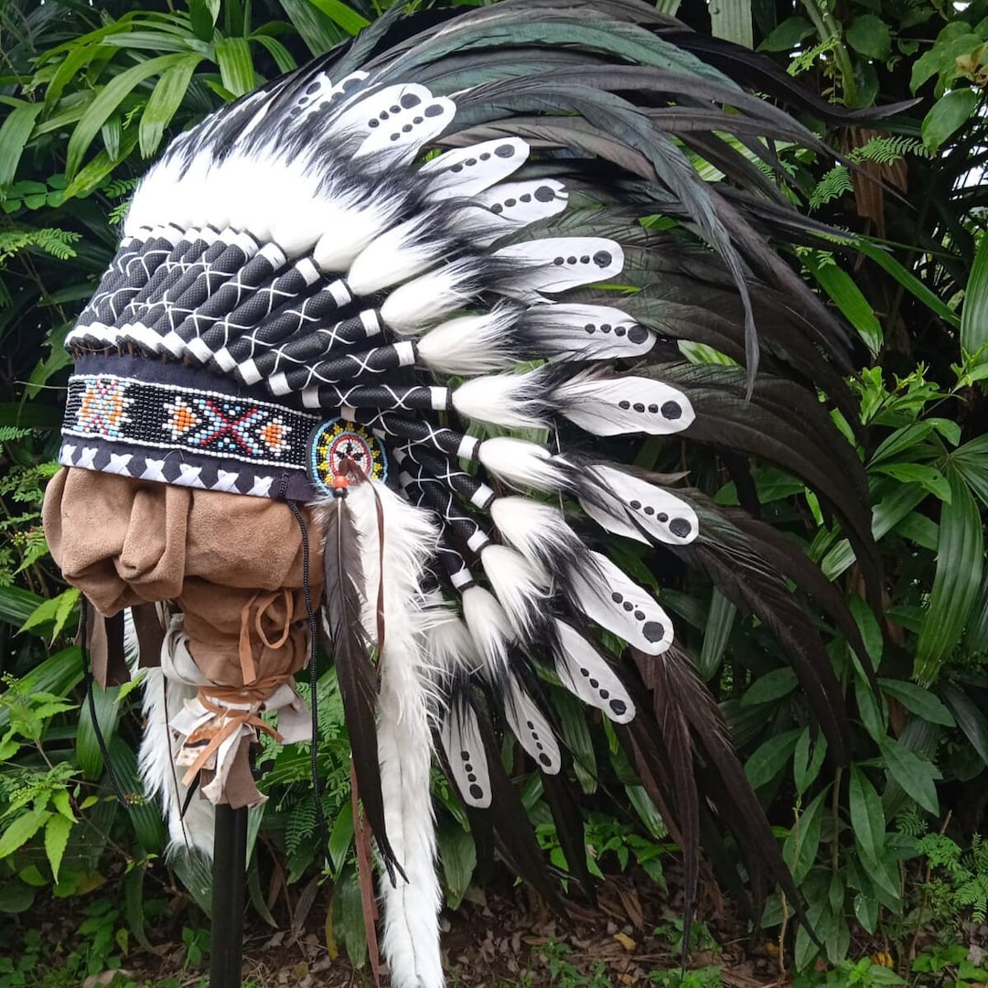 Double Feathers Indian Headdress Replica, Monochrome Native American Style, Birthday Gift, Rave ...