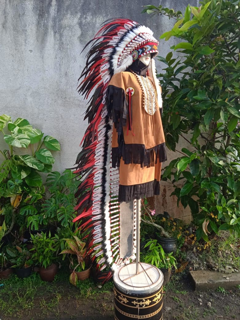 Extra Long Length Indian Headdress Replica With Double Feathers, Native American Costume ...