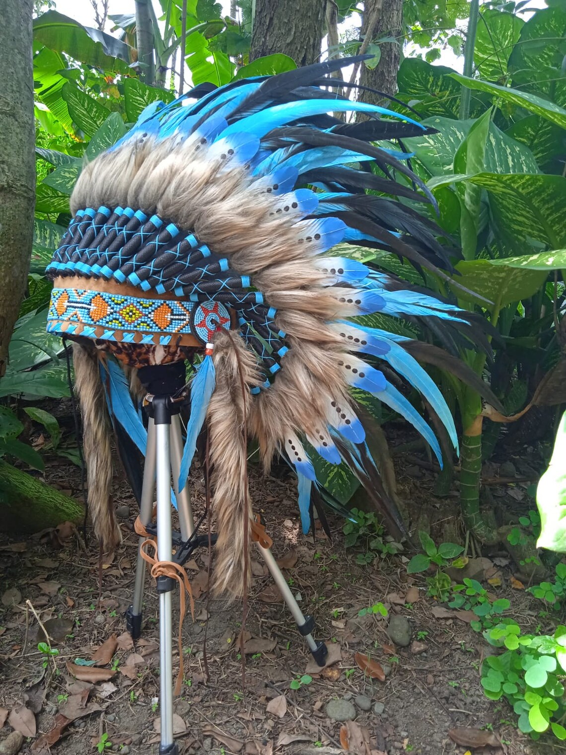 Custom Headdress, Blue Indian Headdress Replica With Double Feathers ...
