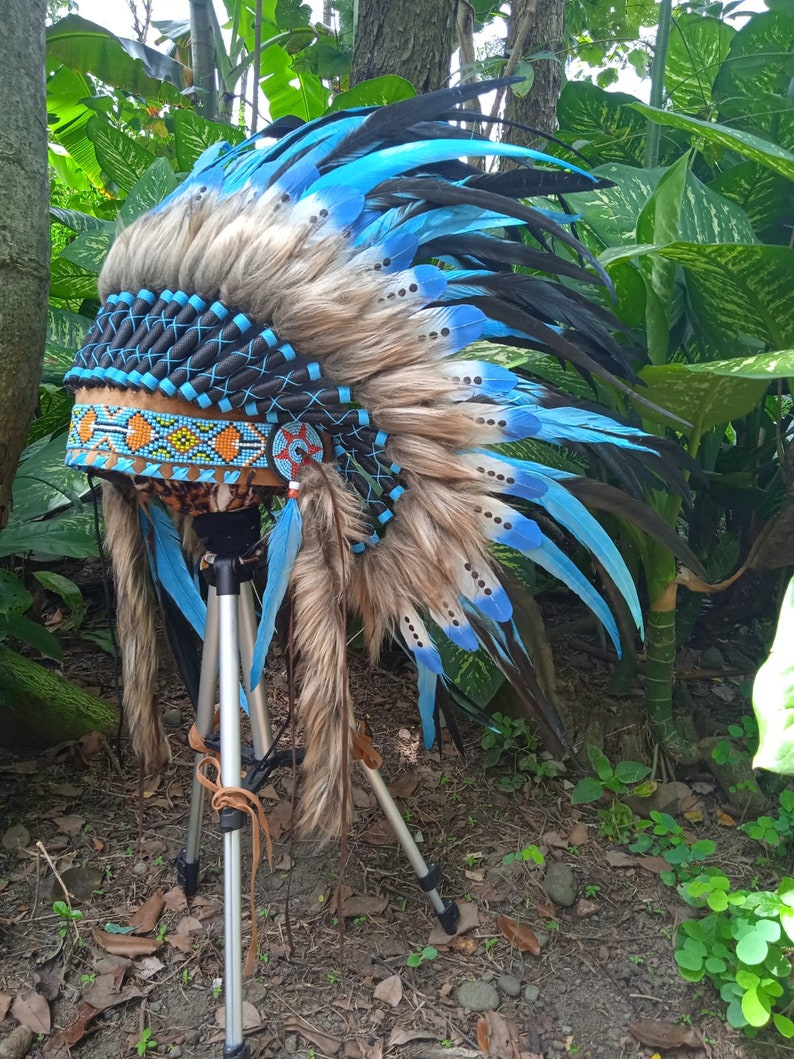 Custom Headdress, Blue Indian Headdress Replica With Double Feathers, Native American Style ...