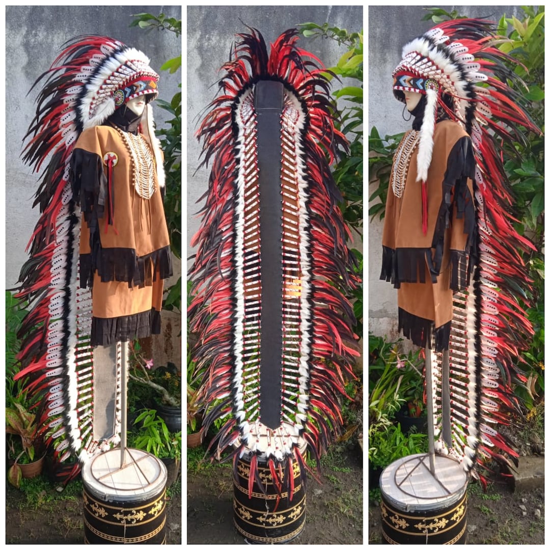 Extra Long Length Indian Headdress Replica With Double Feathers, Native ...