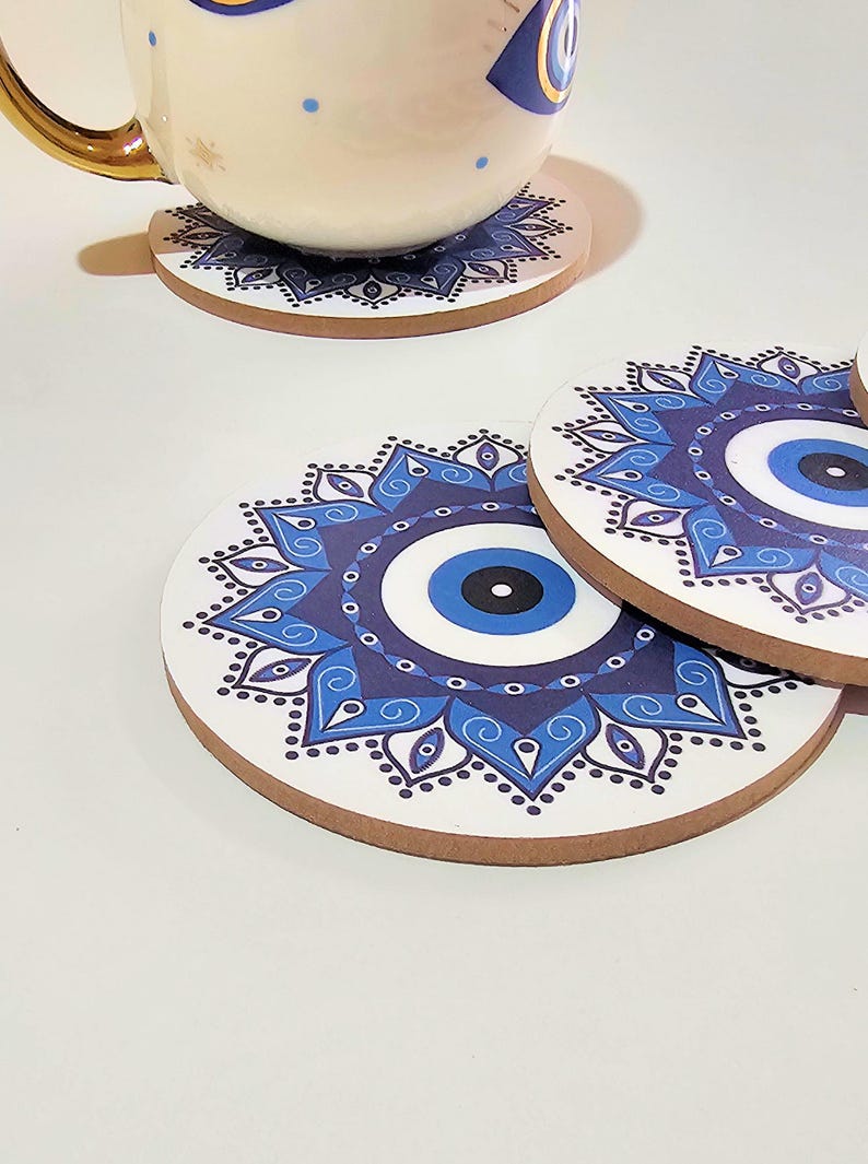MANDALA COASTER SET With Evil Eye Print Cork Wood Floral Eclectic ...