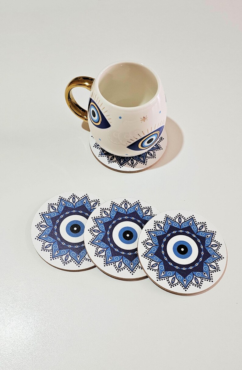 MANDALA COASTER SET With Evil Eye Print Cork Wood Floral Eclectic ...