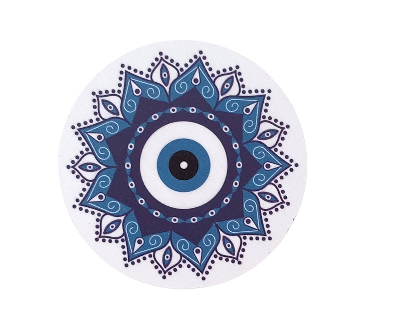 MANDALA COASTER SET With Evil Eye Print Cork Wood Floral Eclectic ...
