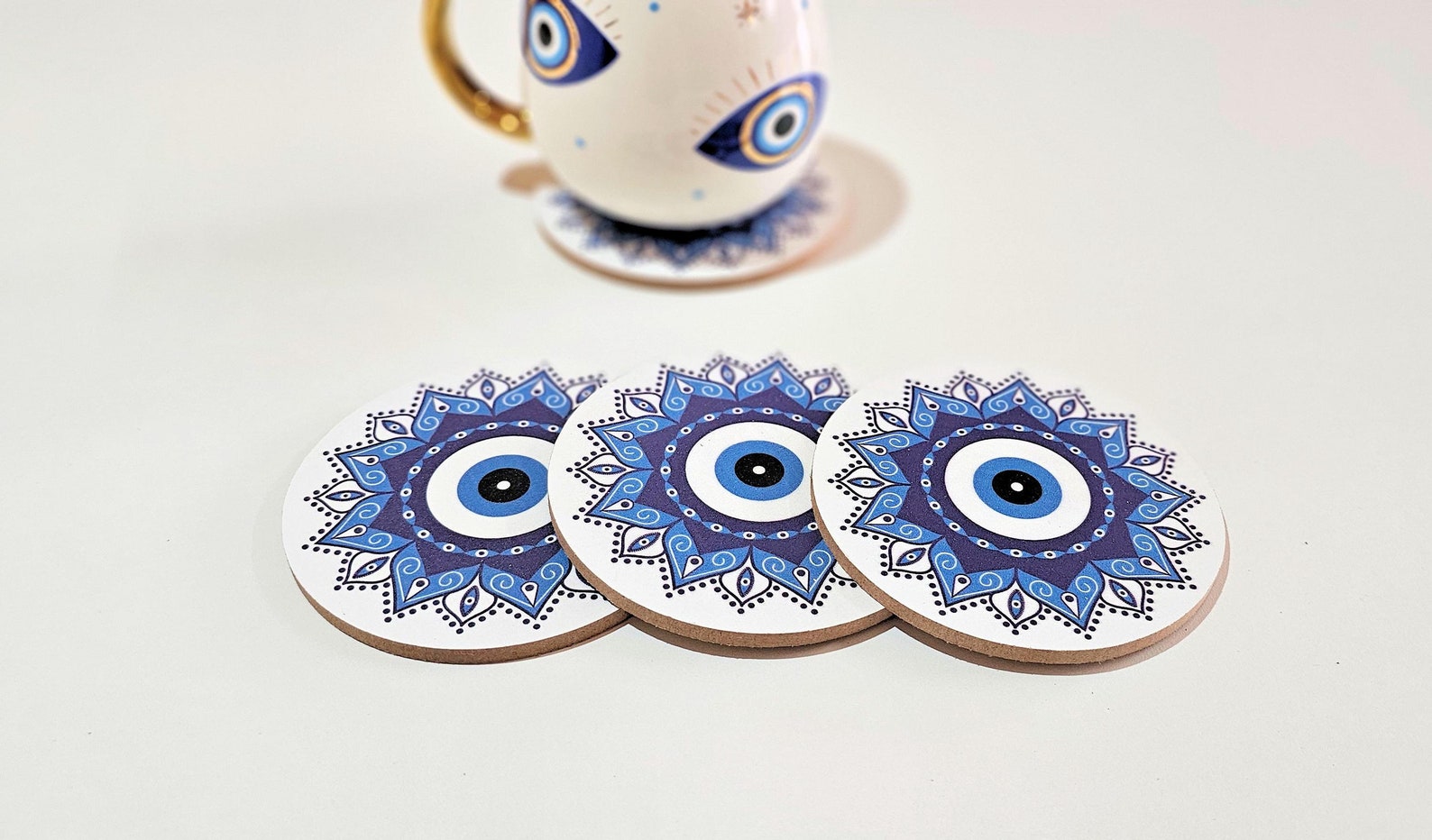 MANDALA COASTER SET With Evil Eye Print Cork Wood Floral Eclectic ...