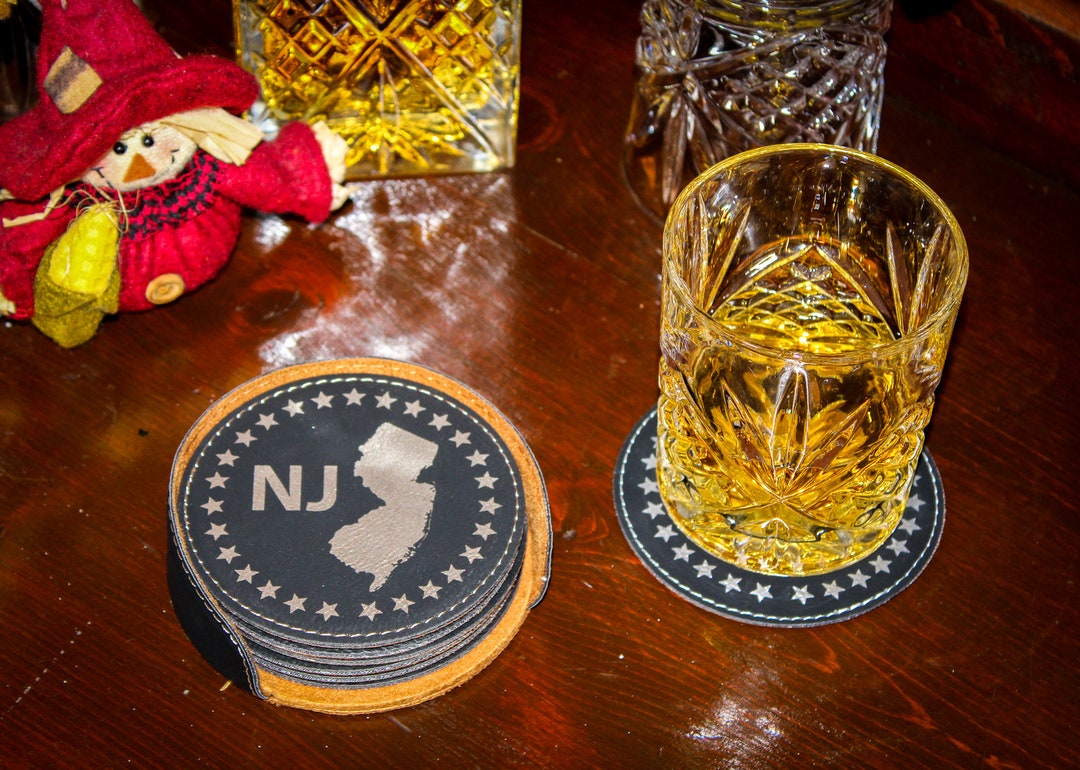 State Coaster Set- 6 Coasters With Holder- Leather- Leatherette- Round ...