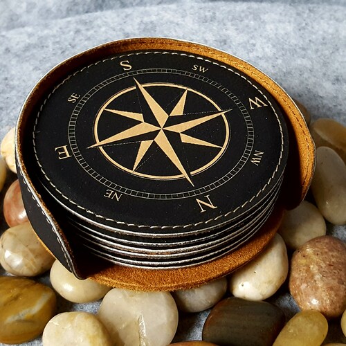 Leather Nautical Compass Coasters Set of 6 W/ Coaster - Etsy