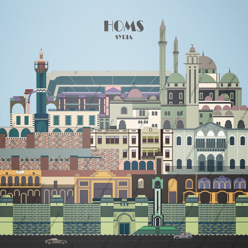 Homs Syria Travel Poster City Print Mosque Outline Church | Etsy