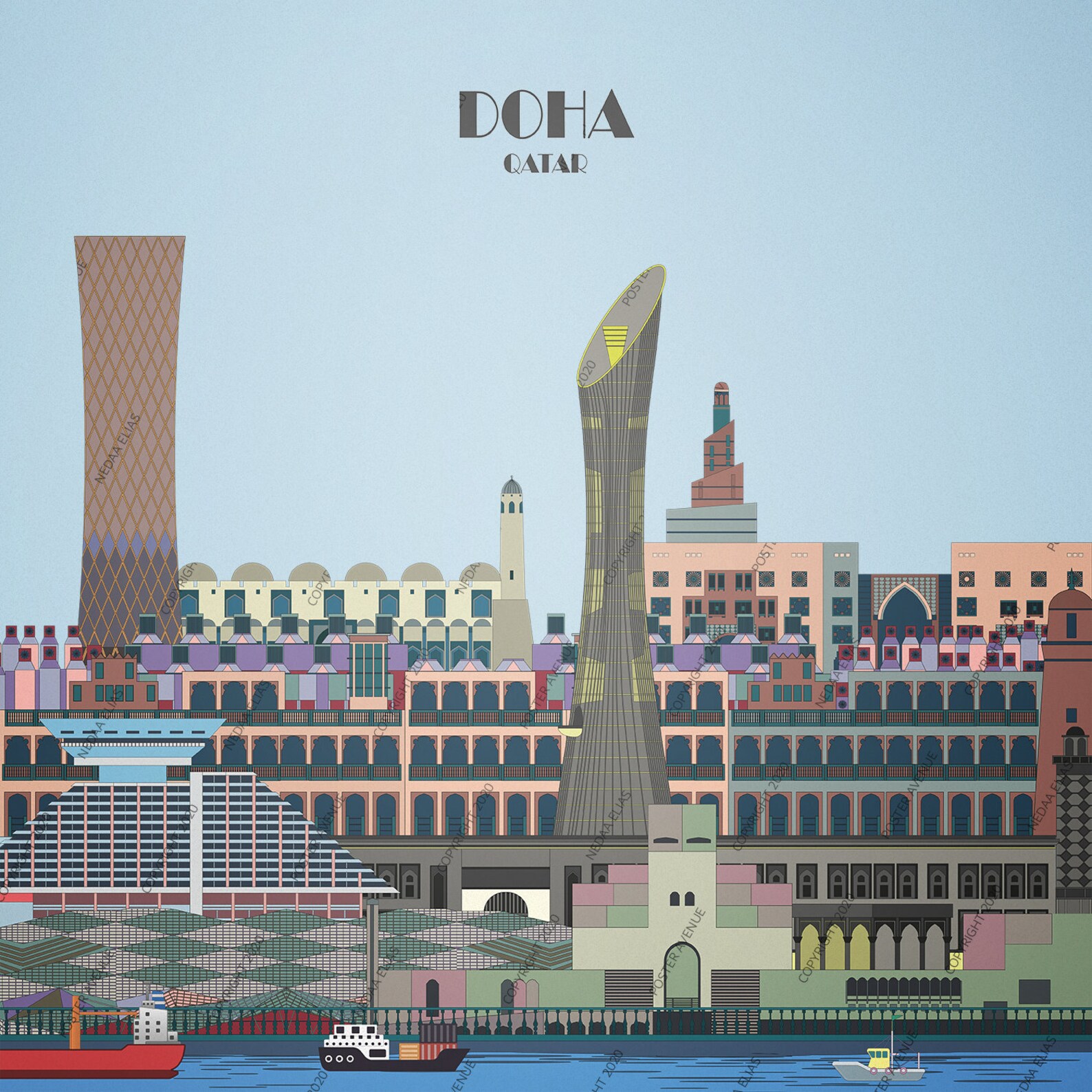 Doha Qatar Travel Poster City Print Tower Drawing Museum | Etsy