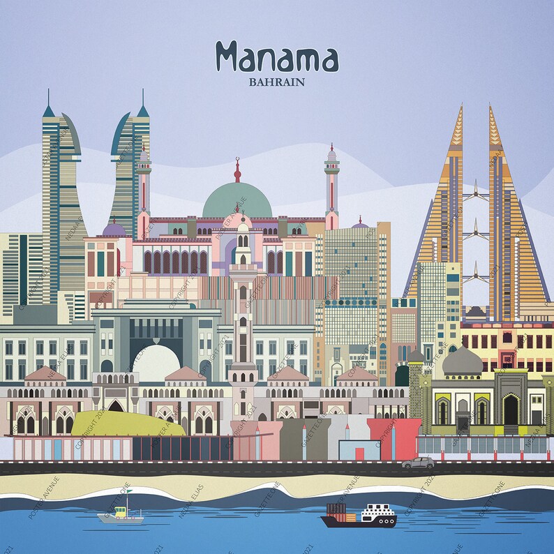 Manama Travel Poster Bahrain City Print Mosque Sketch - Etsy