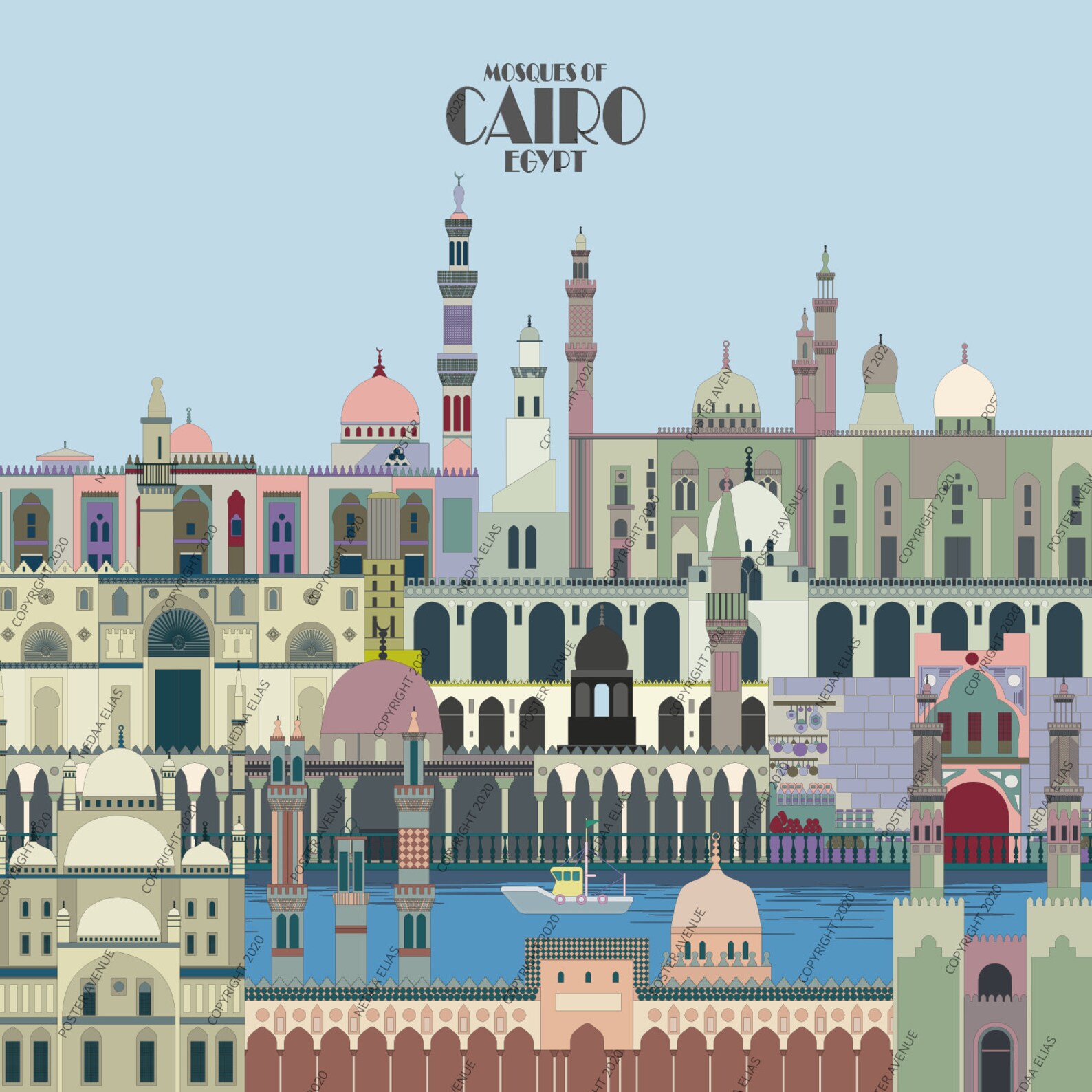 Mosques of Cairo Egypt Travel Poster City Print Mosque | Etsy