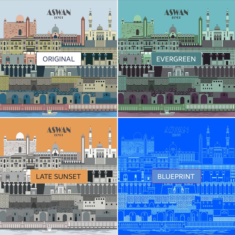 Aswan Egypt Travel Poster City Print Mosque Drawing | Etsy