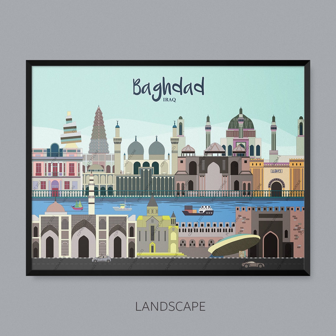 Baghdad, Iraq, Travel Poster, City Print, Mosque Outline, Church ...