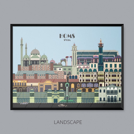 Homs Syria Travel Poster City Print Mosque Outline Church | Etsy