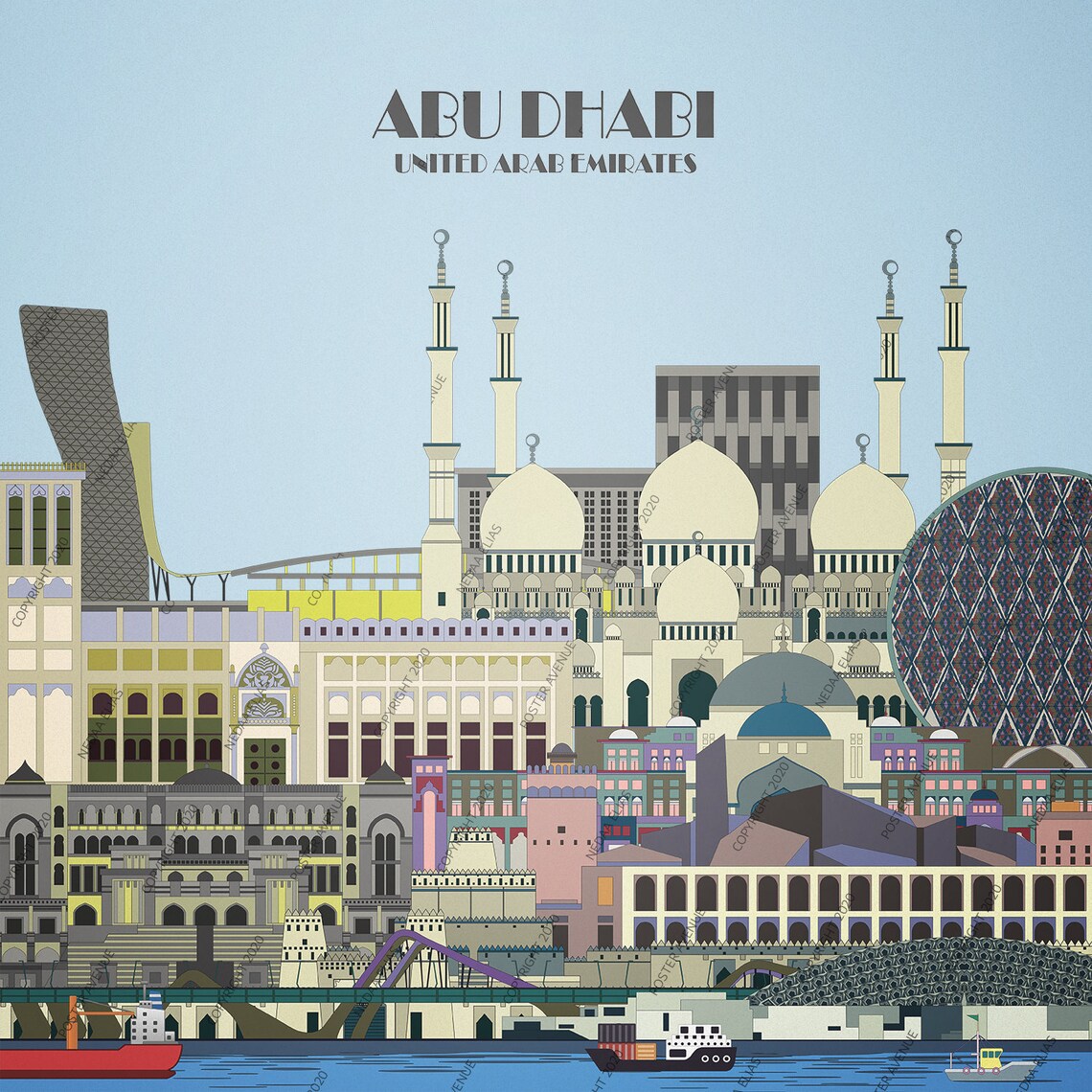 Abu Dhabi UAE Travel Poster City Print Mosque Drawing | Etsy