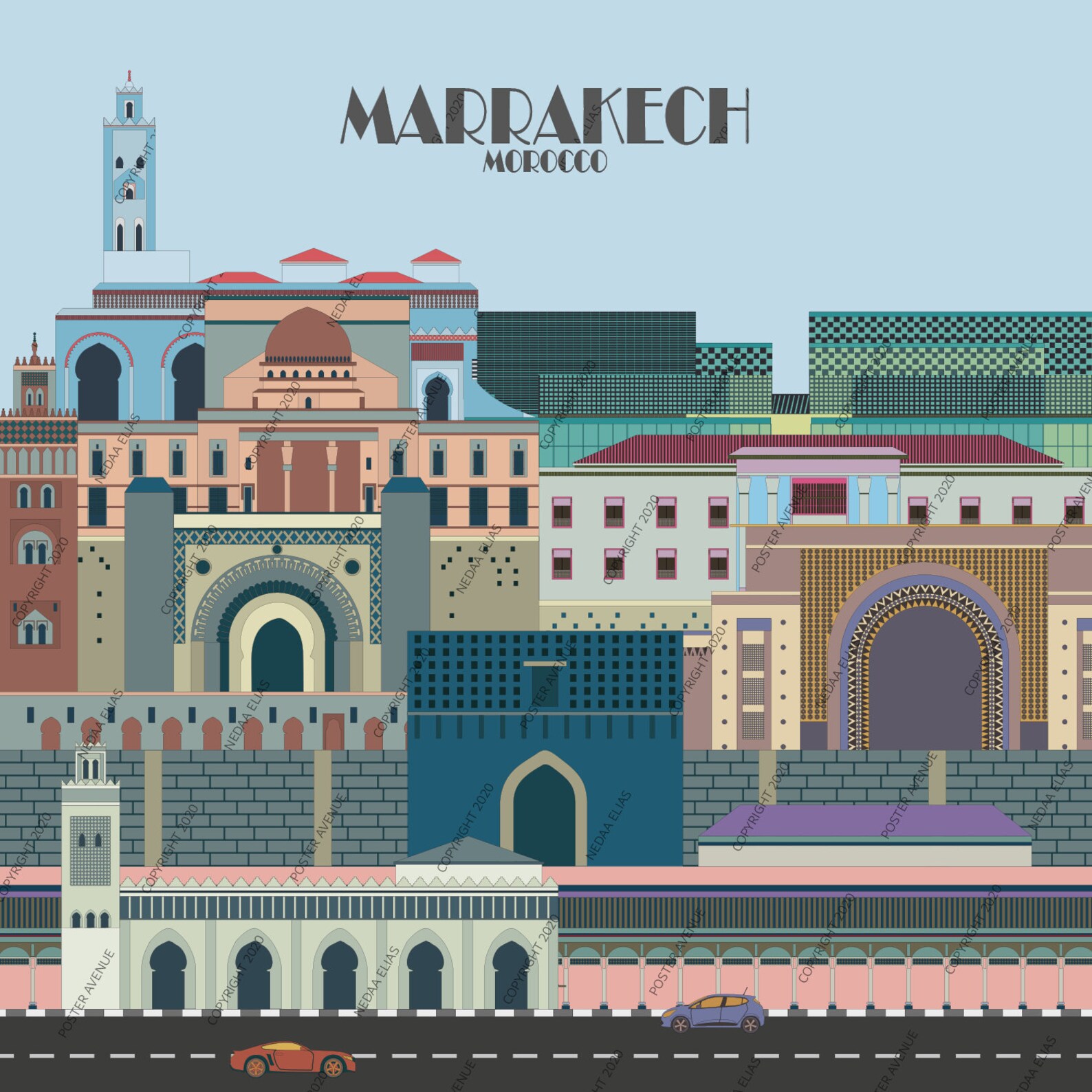 Marrakech, Morocco, Travel Poster, City Print, Mosque Illustration, Bab ...