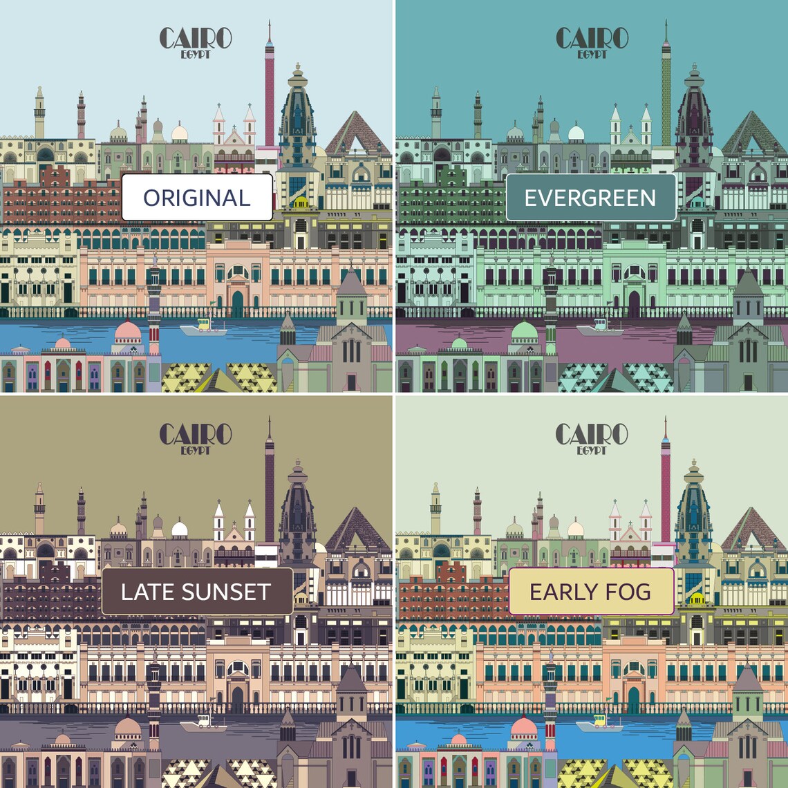 Cairo Egypt Travel Poster City Print Mosque Illustration - Etsy