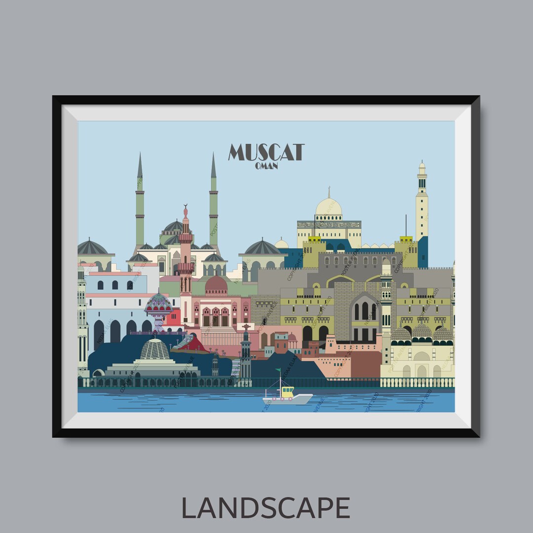 Muscat, Oman, Travel Poster, City Print, Mosque Drawing, Opera House ...