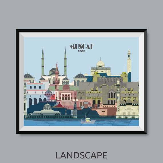 Muscat Oman Travel Poster City Print Mosque Drawing Opera | Etsy