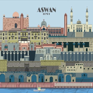 Aswan, Egypt, Travel Poster, City Print, Mosque Drawing, Pharos Temple ...