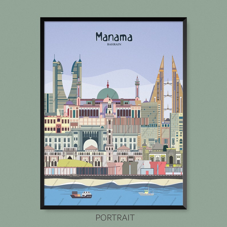 Manama Travel Poster Bahrain City Print Mosque Sketch - Etsy
